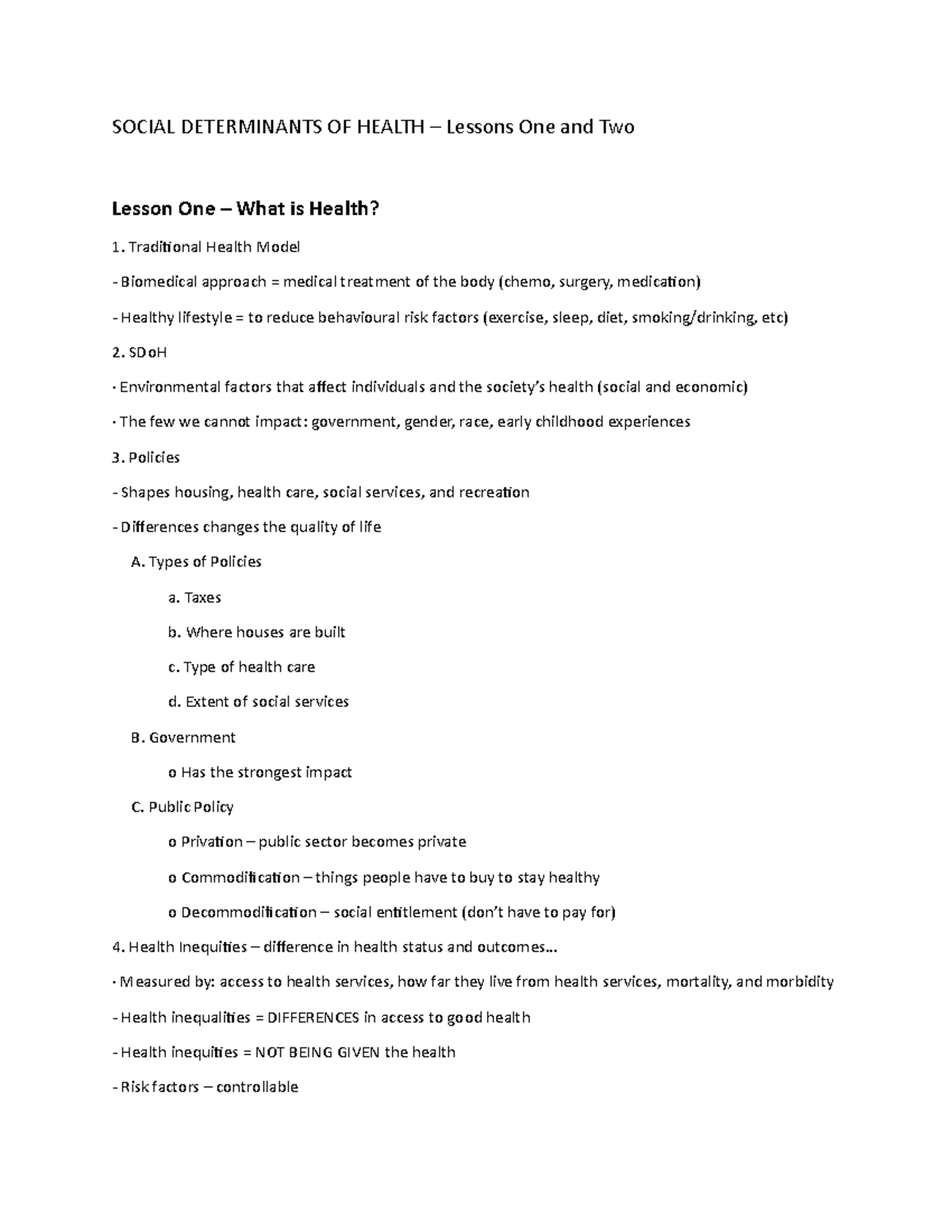 Sdoh Lessons 1 2 Lecture Notes 1 2 Social Determinants Of Health Lessons One And Two