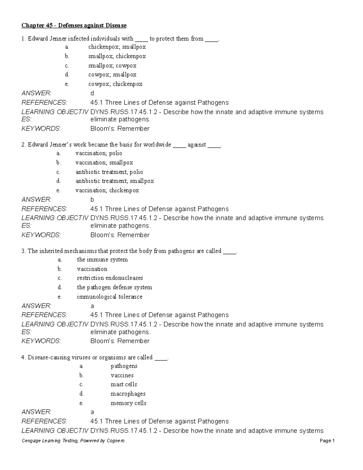 Chapter 45 Defenses against Disease - 1. Edward Jenner infected ...