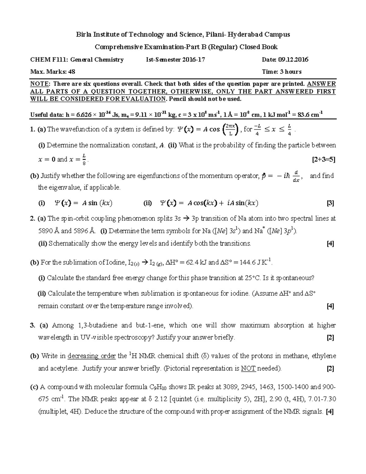 Compre Part B questionpaper - Birla Institute of Technology and Science, Pilani- Hyderabad ...
