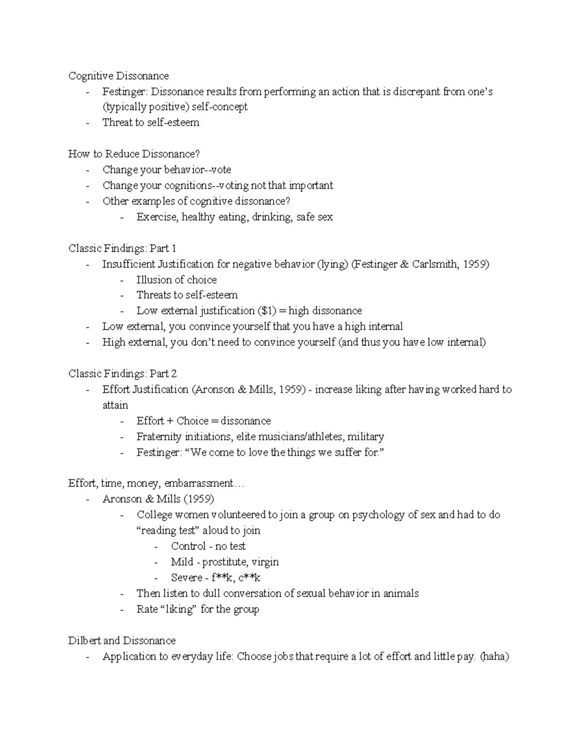 Cognitive Dissonance - Lecture notes 7-8 - Cognitive Dissonance ...