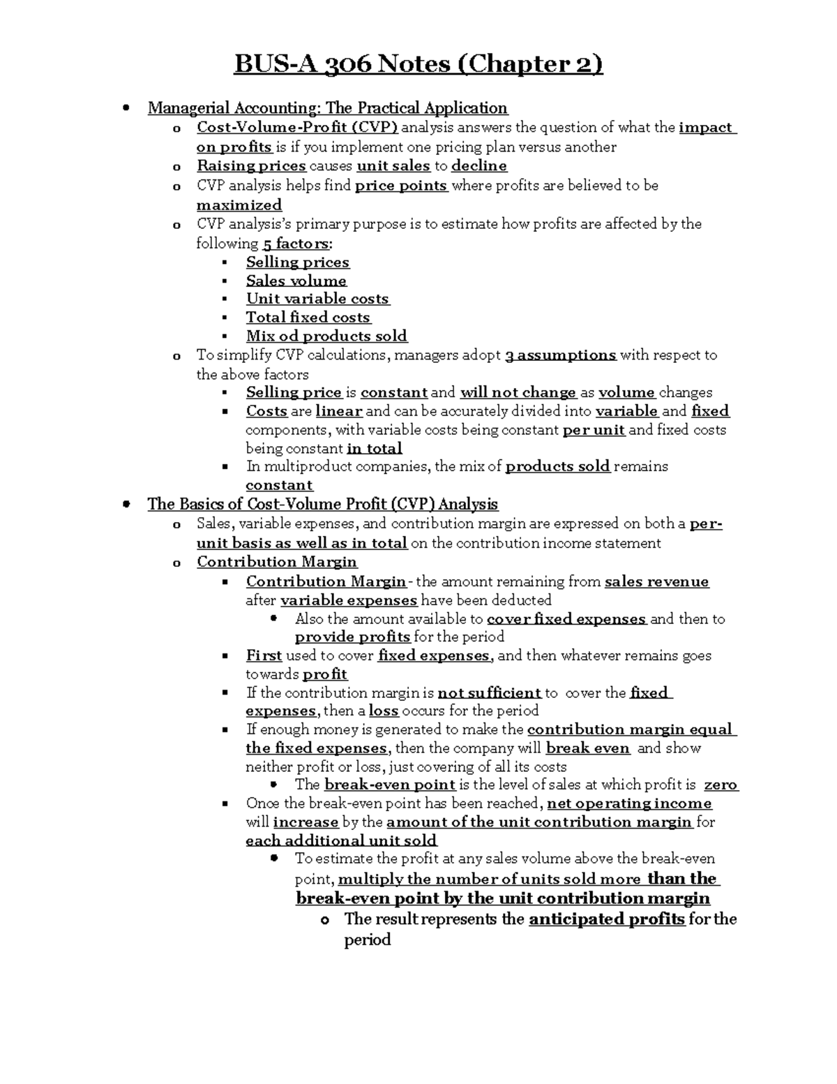 BUS-A 306 Notes (Smartbook- Chapter 2) - Managerial Accounting: The ...