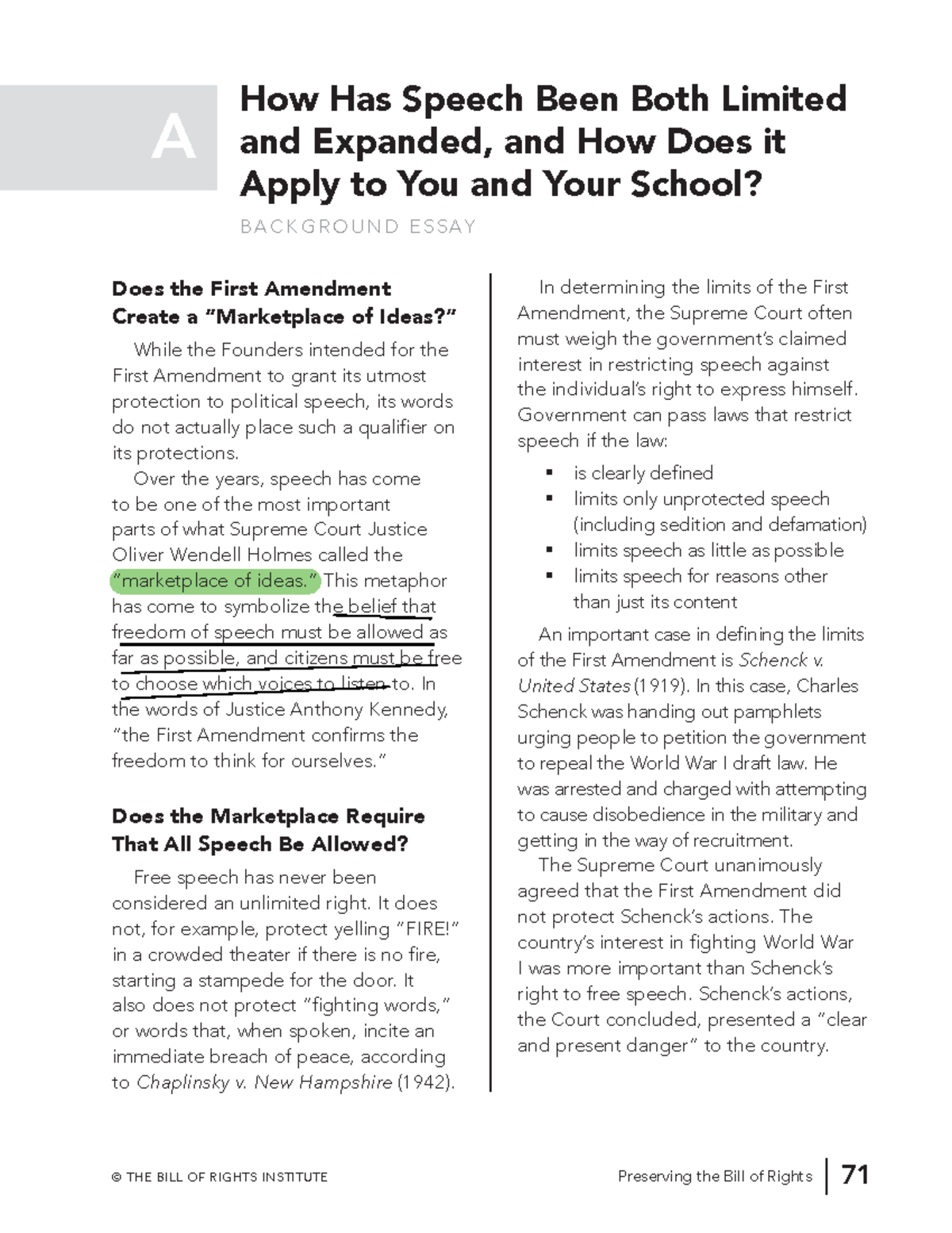 Free Speech in Schools Worksheet - A © THE BILL OF RIGHTS INSTITUTE ...