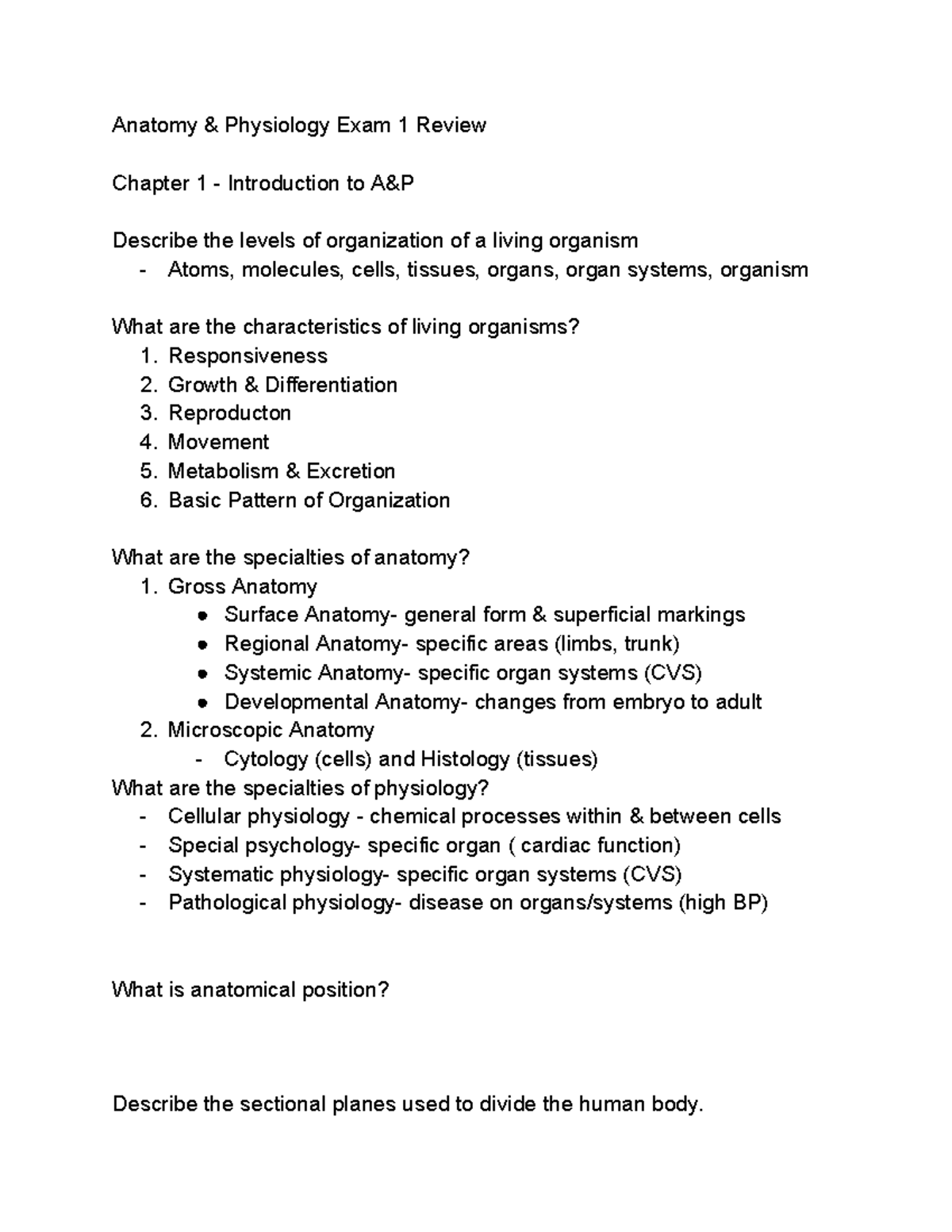 Anatomy & Physiology 2 Exam 1 Review - Anatomy & Physiology Exam 1 ...