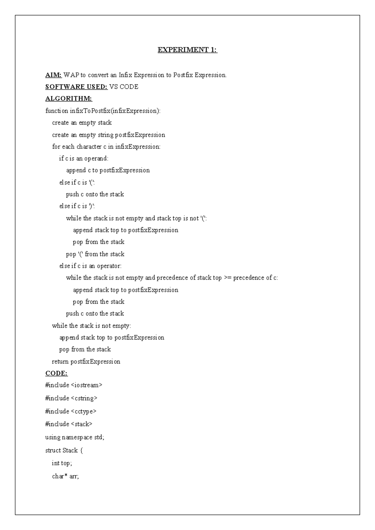 Complier Practical File - EXPERIMENT 1: AIM: WAP to convert an Infix ...