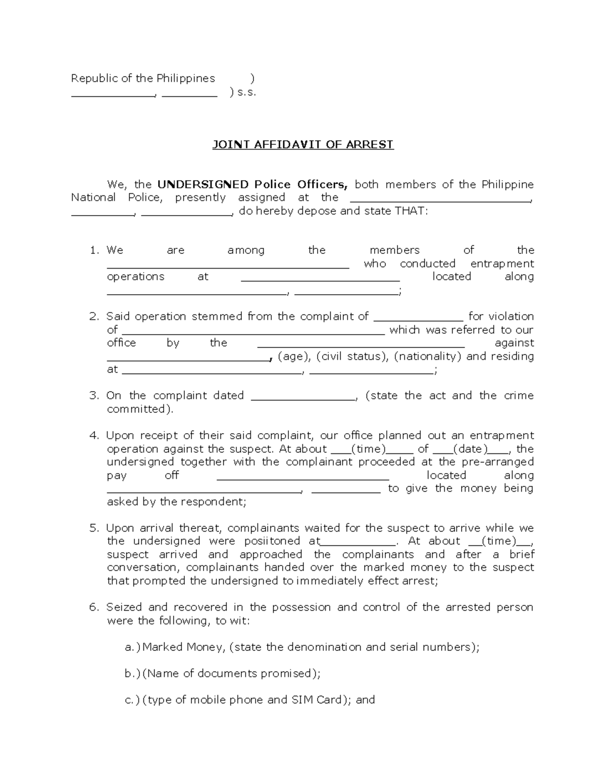 My Legal Whiz - Affidavit of Arrest Apprehension - Republic of the ...