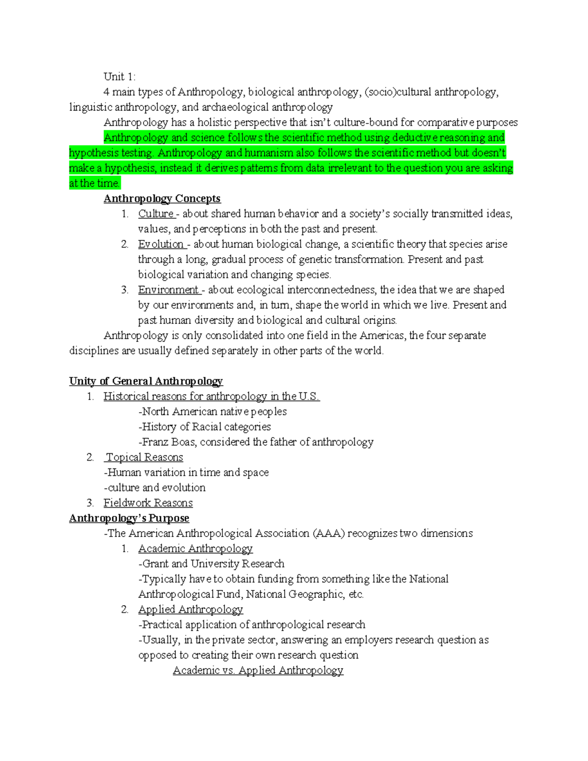 Anth 1102 Lecture Notes For Jason Gonzalez Unit 1 4 Main Types Of Anthropology Biological