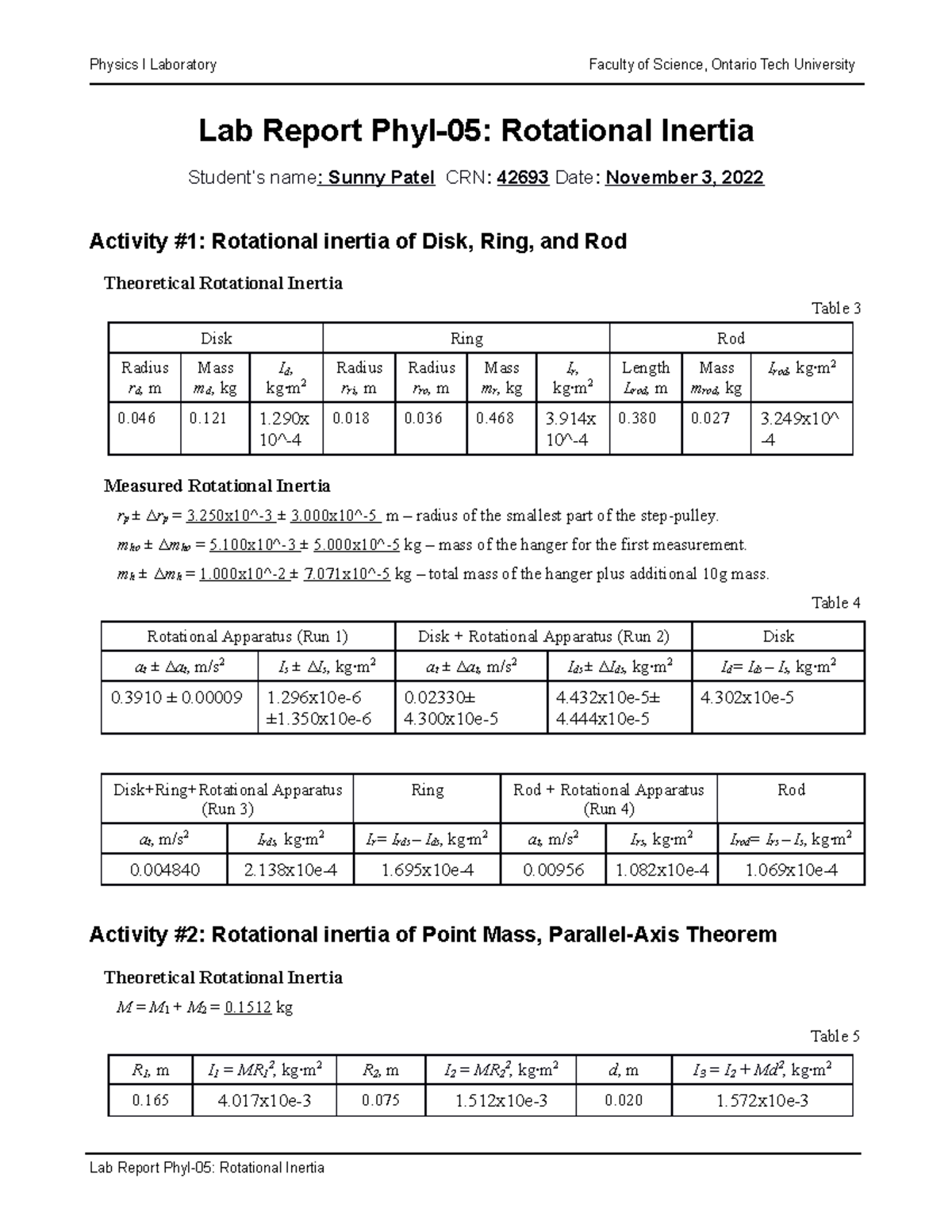 Rotational Inertia Report - Sunny Patel - Physics I Laboratory Faculty ...
