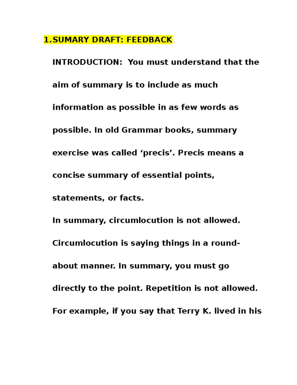 Zoom Presentation on Writing a Summary - 1 DRAFT: FEEDBACK INTRODUCTION ...