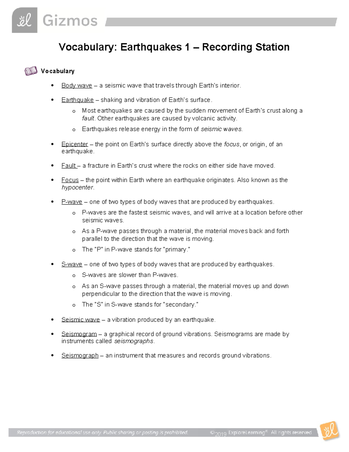 Earthquakes 1Recording Vocab - 2019 Vocabulary: Earthquakes 1 ...