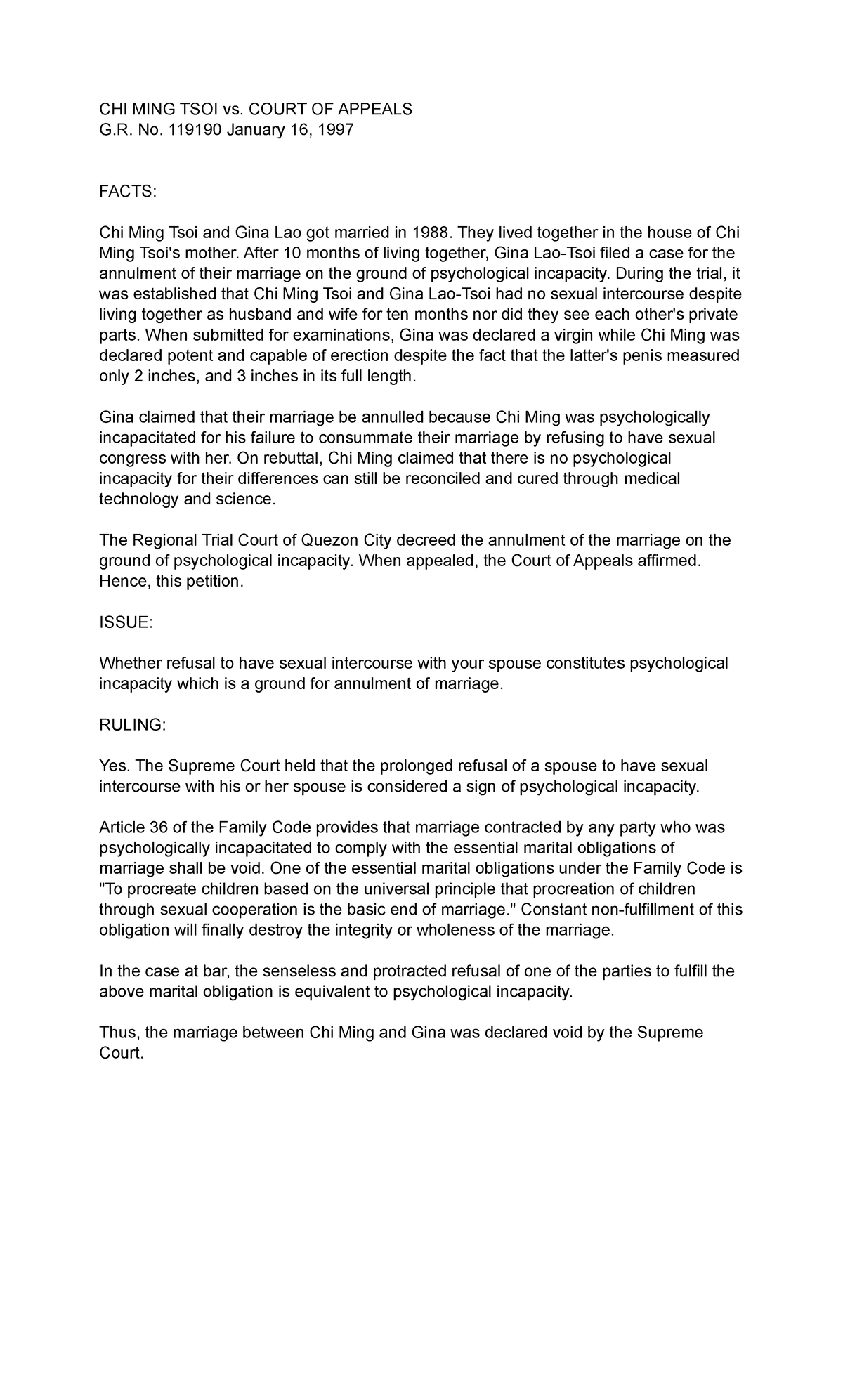 Case digest - CHI MING TSOI vs. COURT OF APPEALS G. No. 119190 January ...