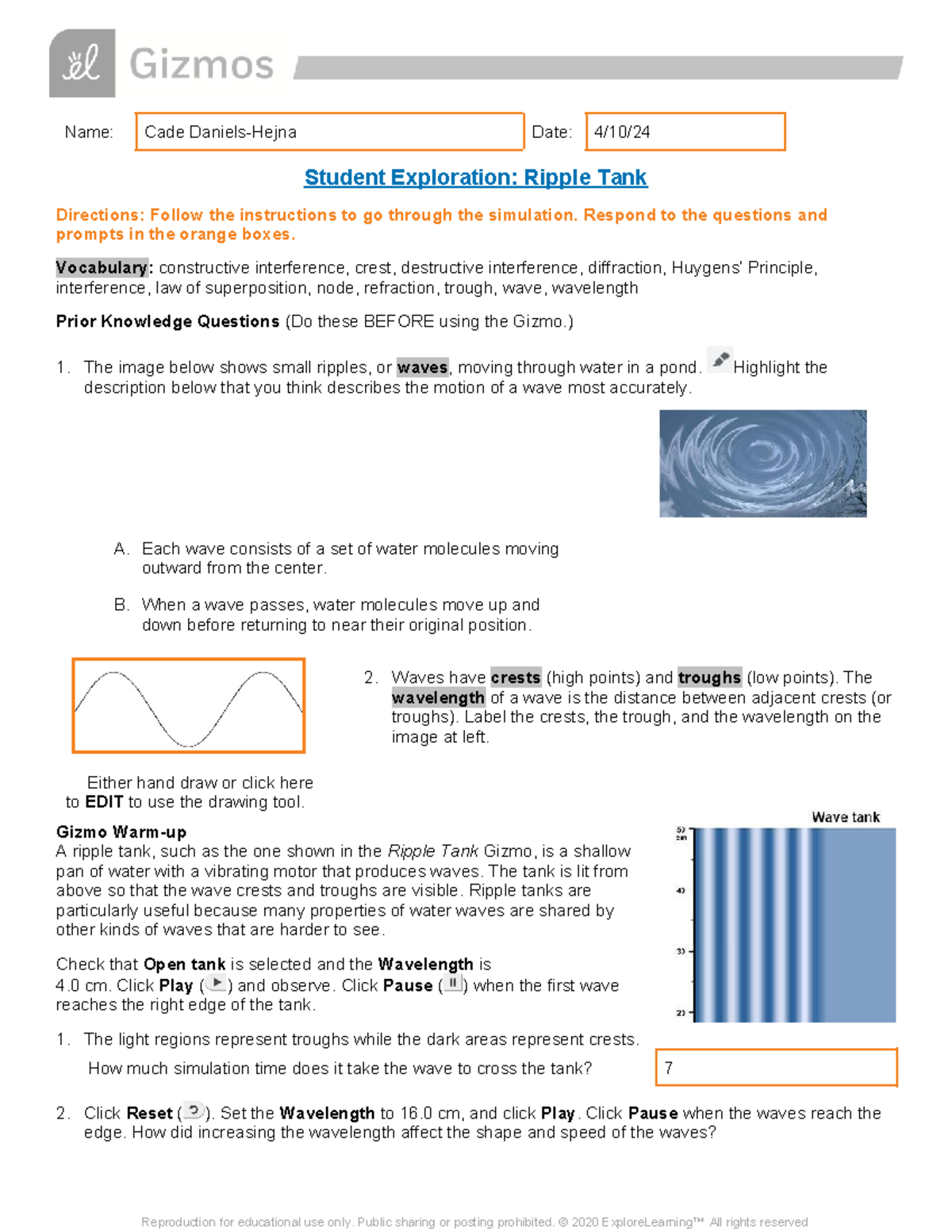 Ripple Tank Gizmo - Name: Cade Daniels-Hejna Date: 4/10/ Student ...