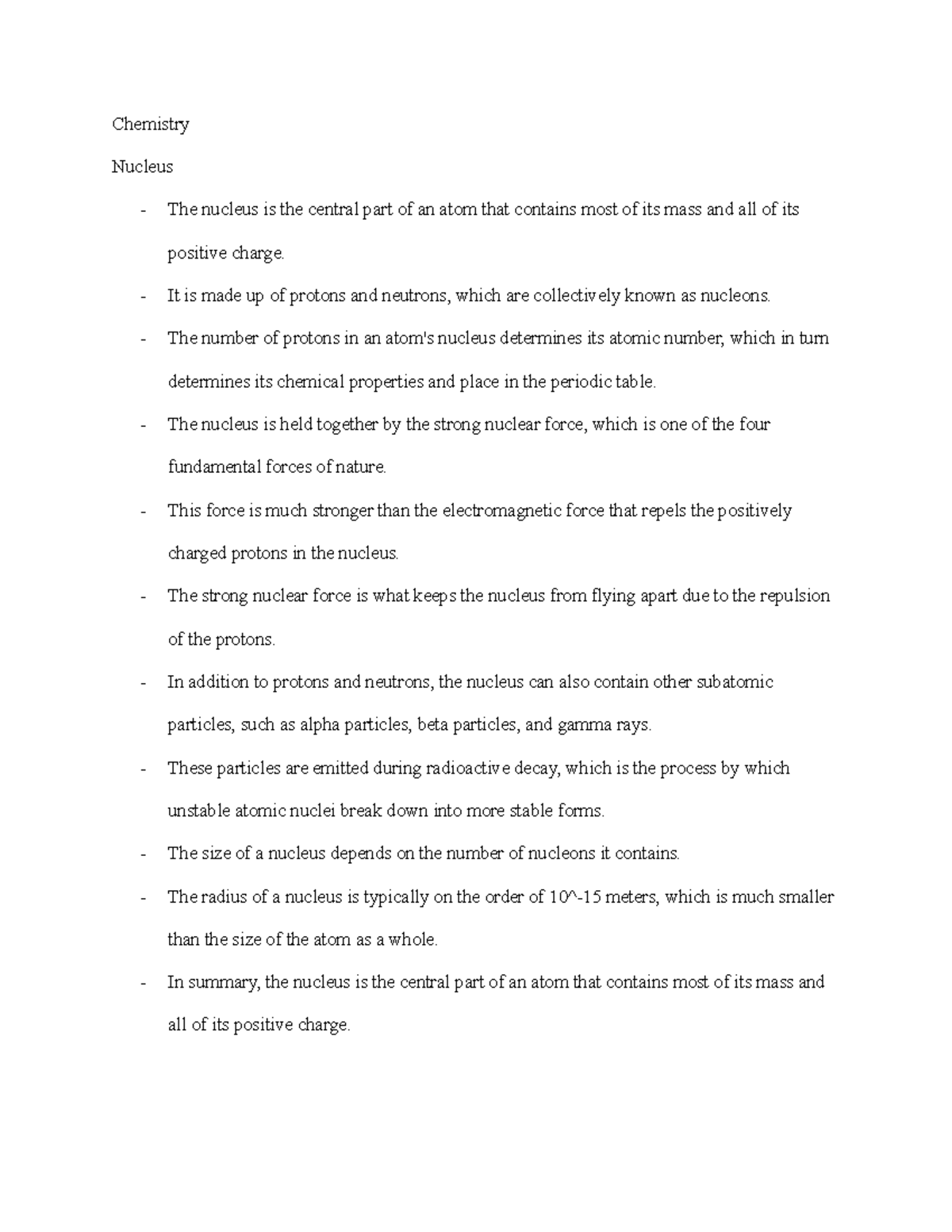 Chemistry-Nucleus Notes - Chemistry Nucleus - The nucleus is the ...