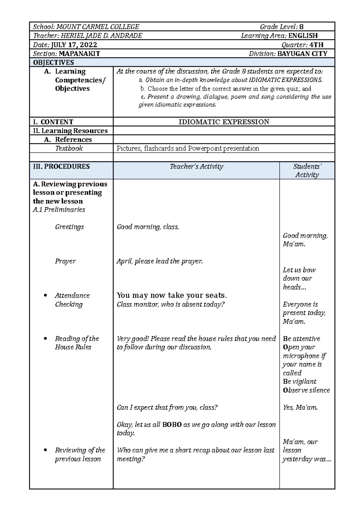 PCK. Lesson PLAN - Cutie - School: MOUNT CARMEL COLLEGE Grade Level: 8 ...