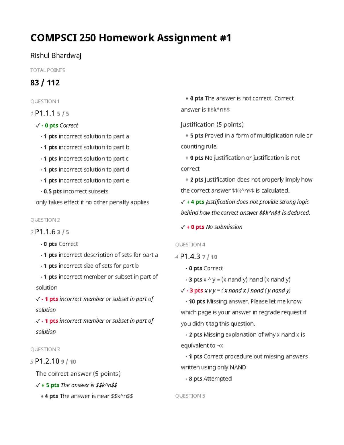 250 HW1 - David Barrington - cs250 - HW1 - COMPSCI 250 Homework Assignment Rishul Bhardwaj TOTAL ...