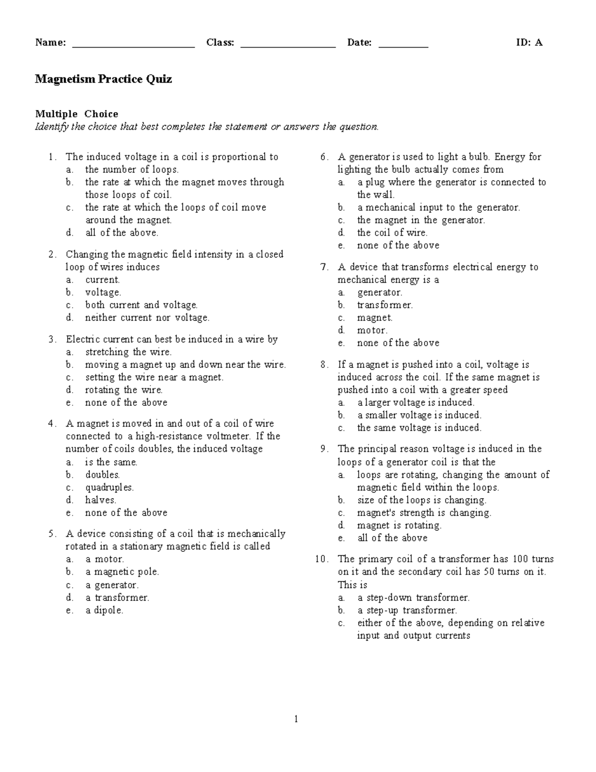 Magnetism practice quiz - Name: ______________________ Class ...