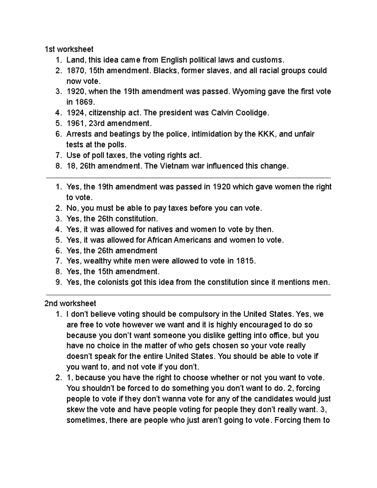 Voting Assignment - 1st worksheet 1. Land, this idea came from English ...