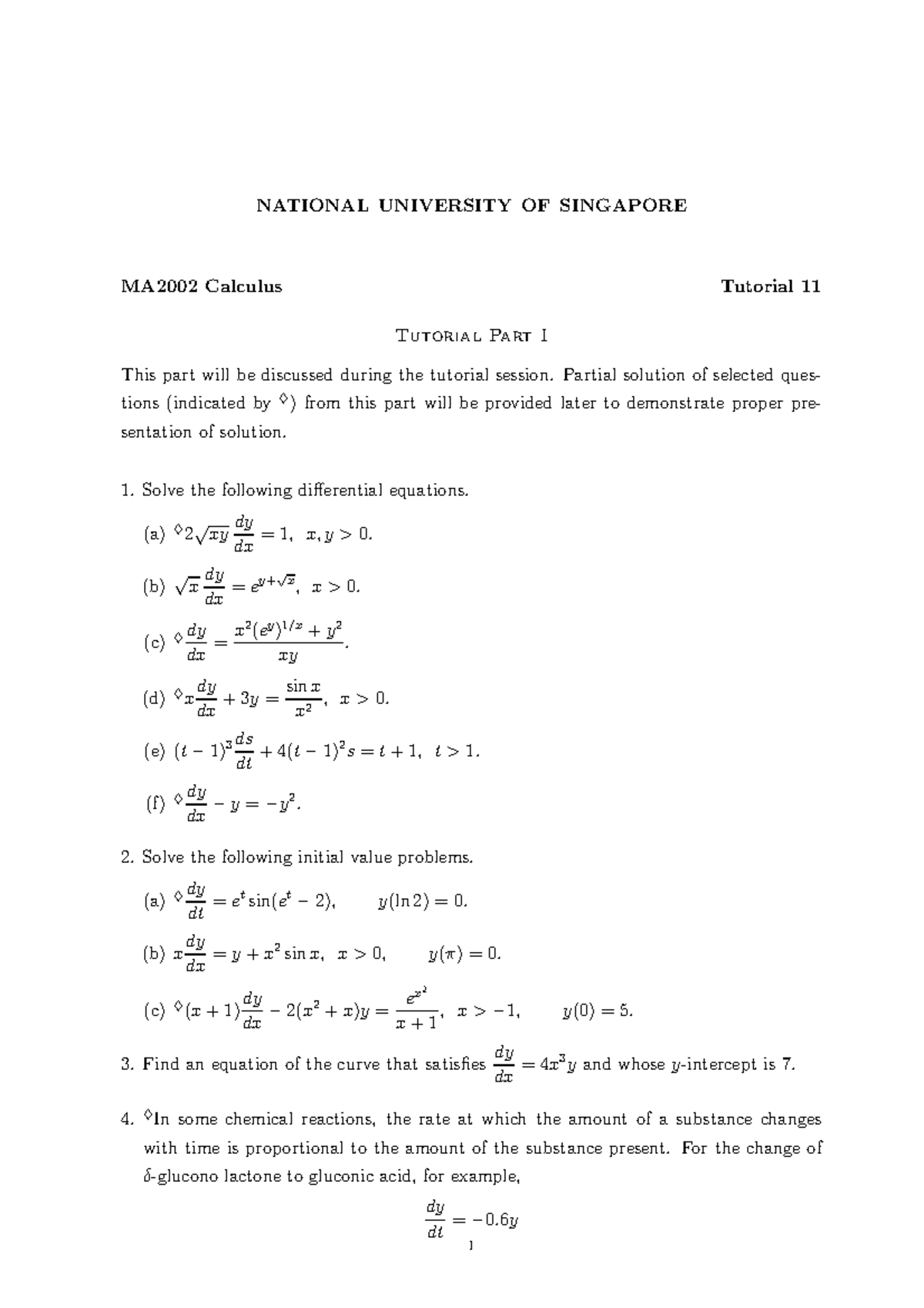 T11 - tutorial questions for practice - NATIONAL UNIVERSITY OF SINGAPORE MA2002 Calculus ...