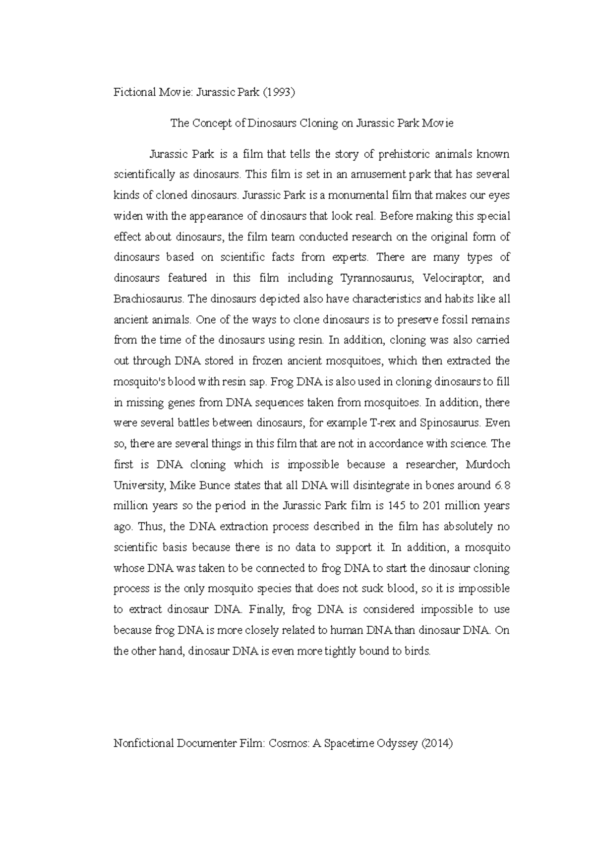 Bio jurassic park - tugas exam - Fictional Movie: Jurassic Park (1993 ...