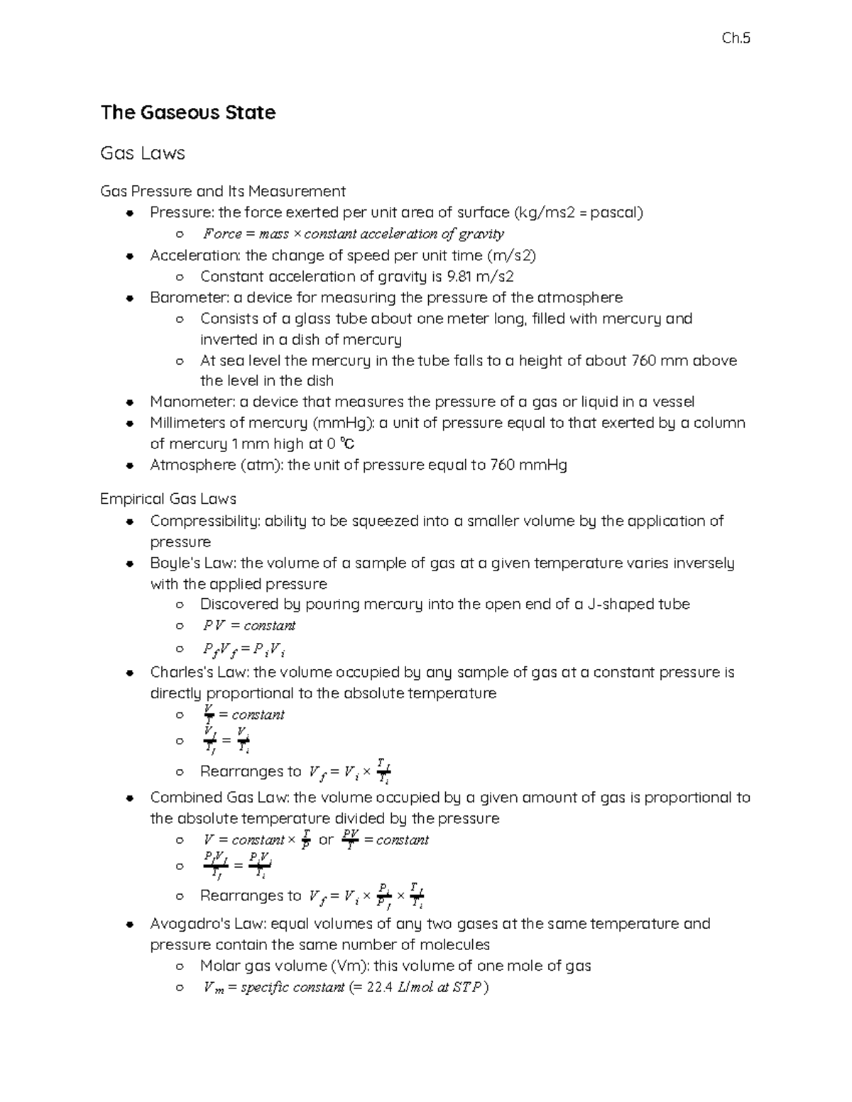 Ch.5 Notes - Ch The Gaseous State Gas Laws Gas Pressure and Its ...