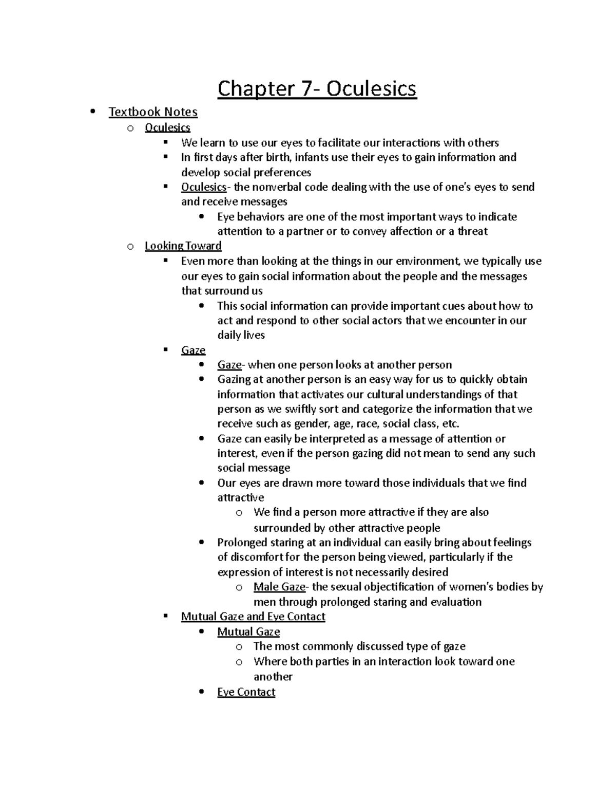 Chapter 8 Notes Nonverbal Communication - Chapter 7- Oculesics Textbook ...