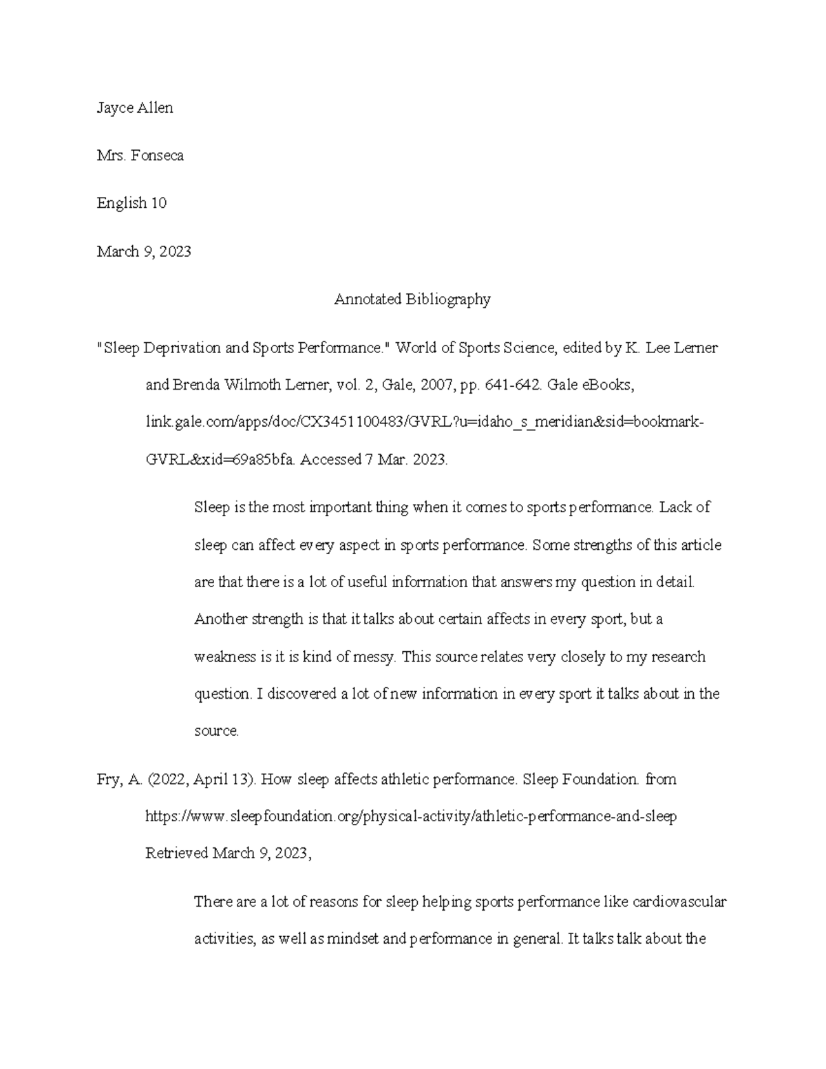 Allen Annoted Bibliography - Jayce Allen Mrs. Fonseca English 10 March ...