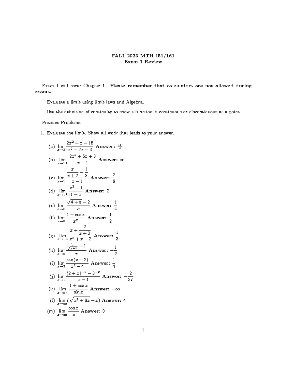 Fall23 Exam 1 Review - FALL 2023 MTH 151/ Exam 1 Review Exam 1 will cover Chapter 1. Please ...