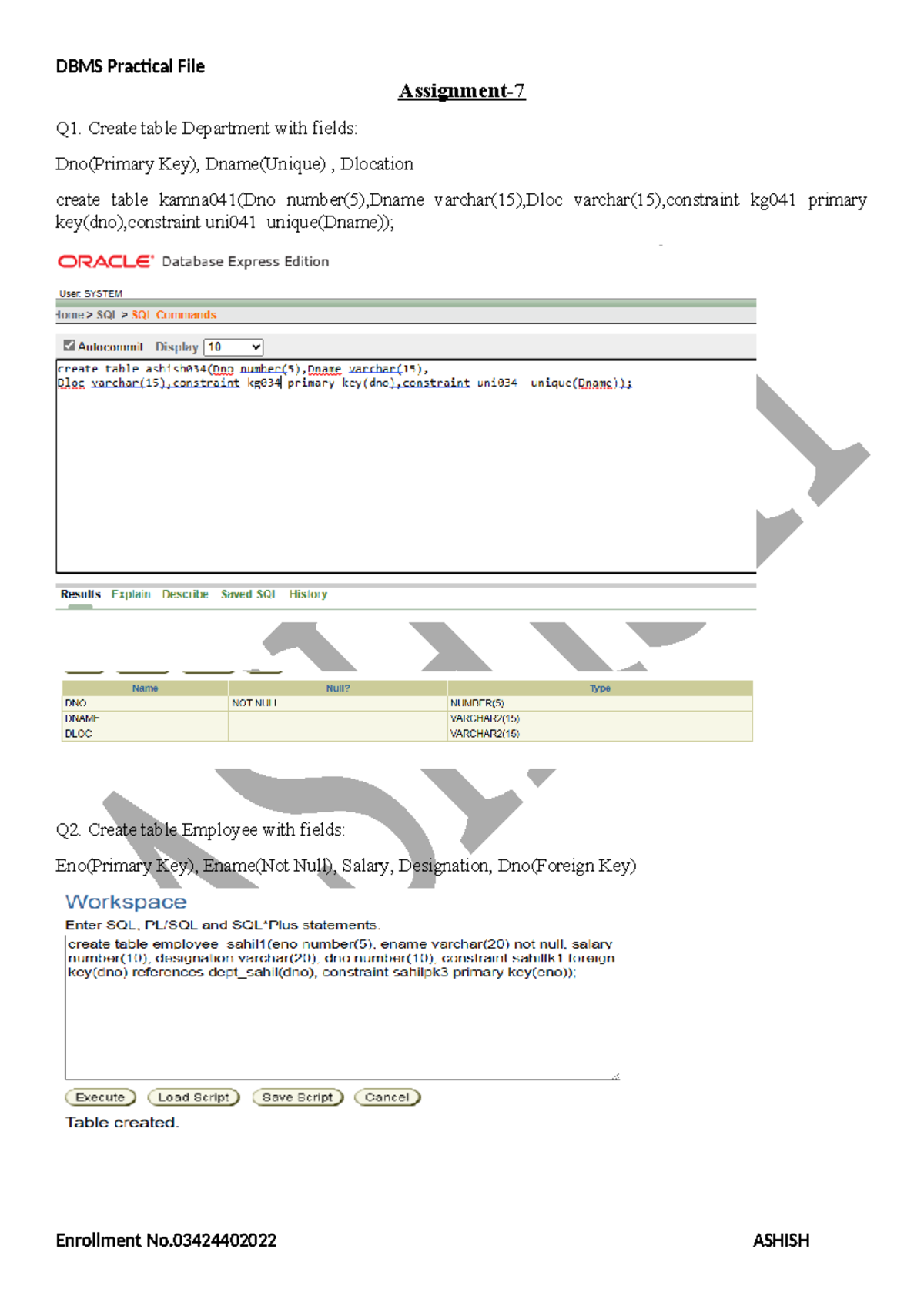 Dbms assignment 7 - Assignment- Q1. Create table Department with fields ...