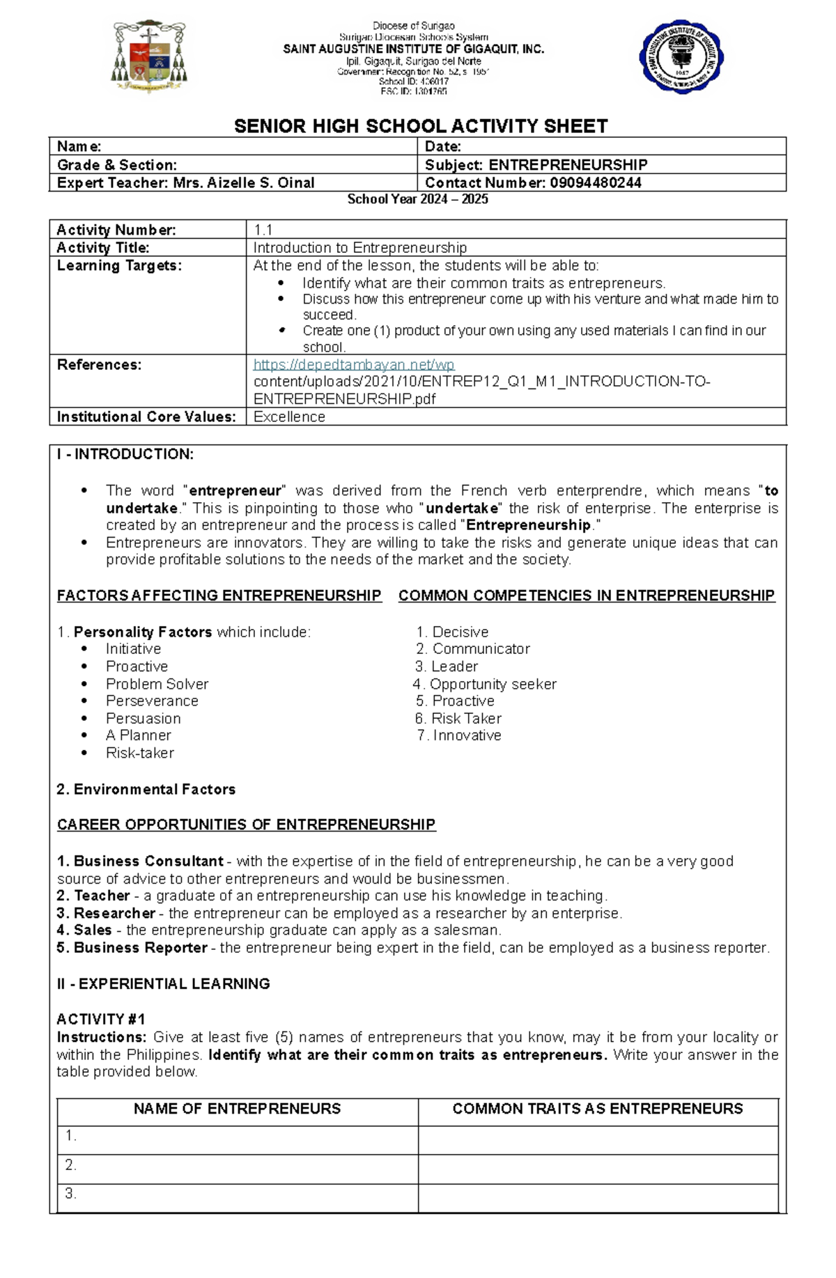 1 - MORE RELEVANT INFORMATION - SENIOR HIGH SCHOOL ACTIVITY SHEET Name ...
