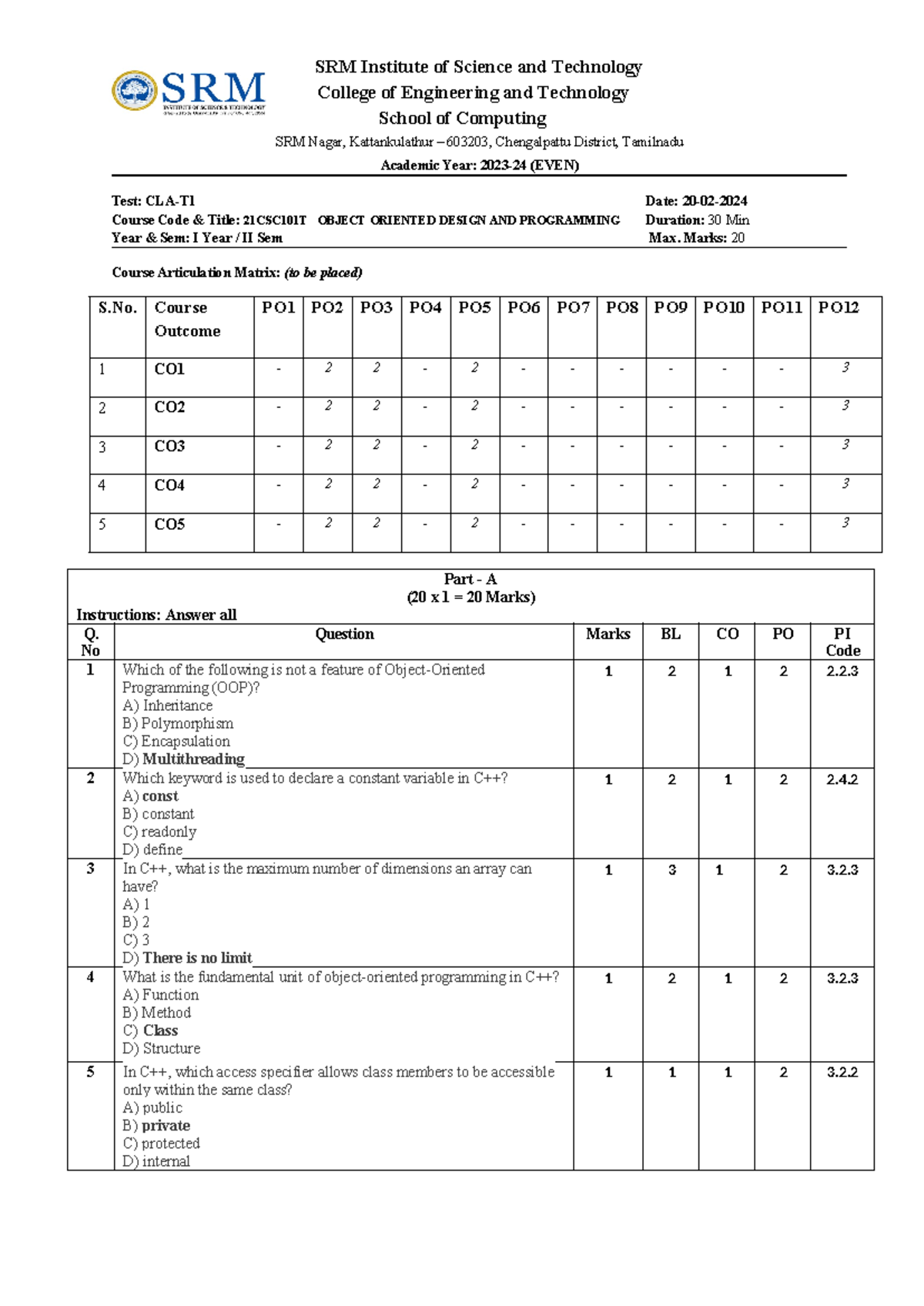 Set 3 wilson - Notes and Questions - SRM Institute of Science and ...