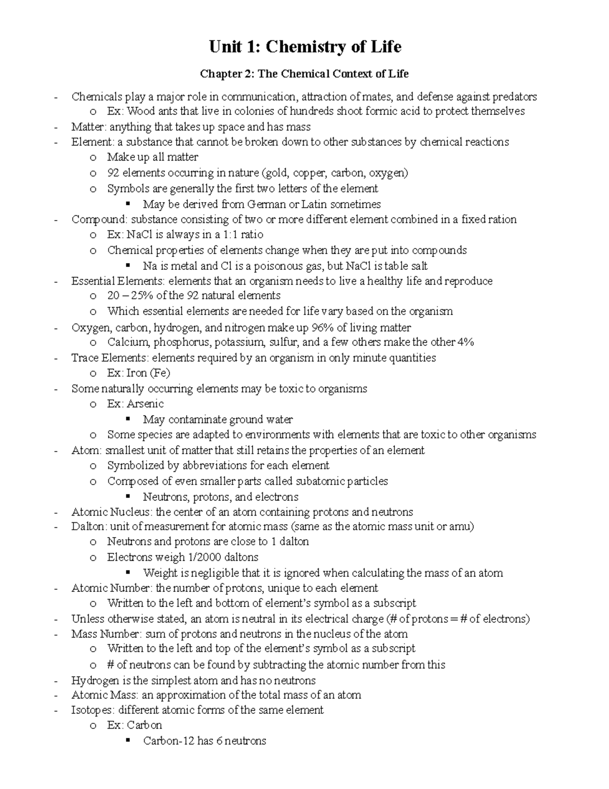 Semester 1 Study Guide Notes and Work - Unit 1: Chemistry of Life ...