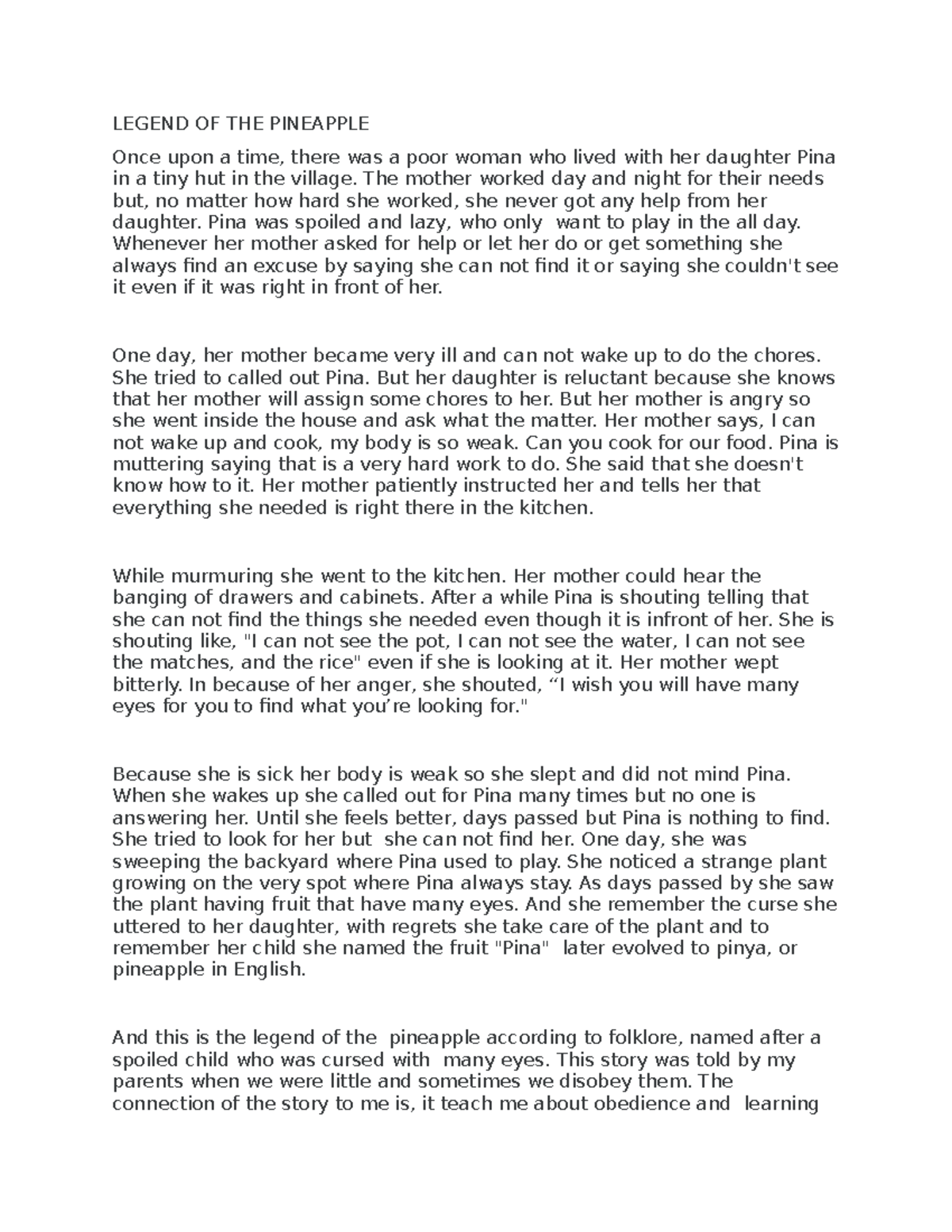 English Assign 7 - LEGEND OF THE PINEAPPLE Once upon a time, there was ...