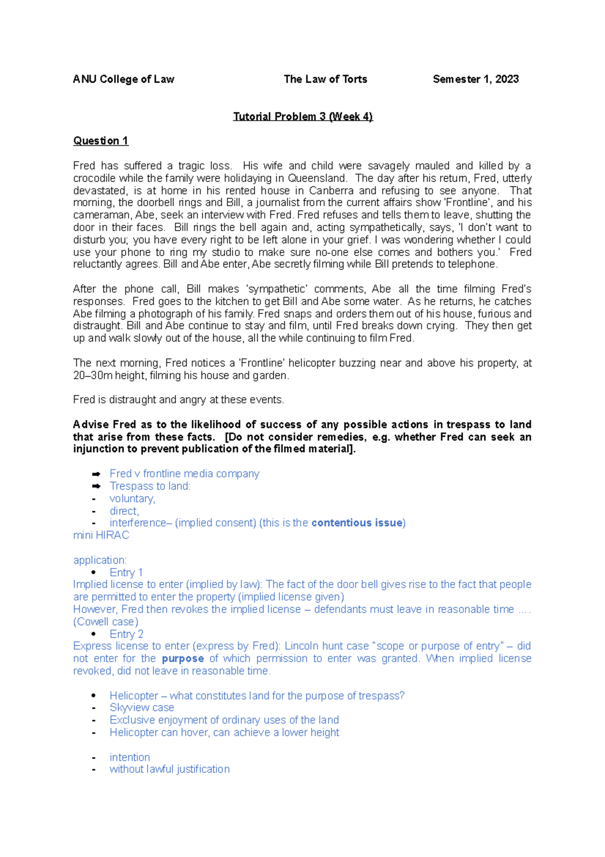 2023 Torts Tutorial 3 (Week 4) - ANU College of Law The Law of Torts Semester 1, 2023 Tutorial ...