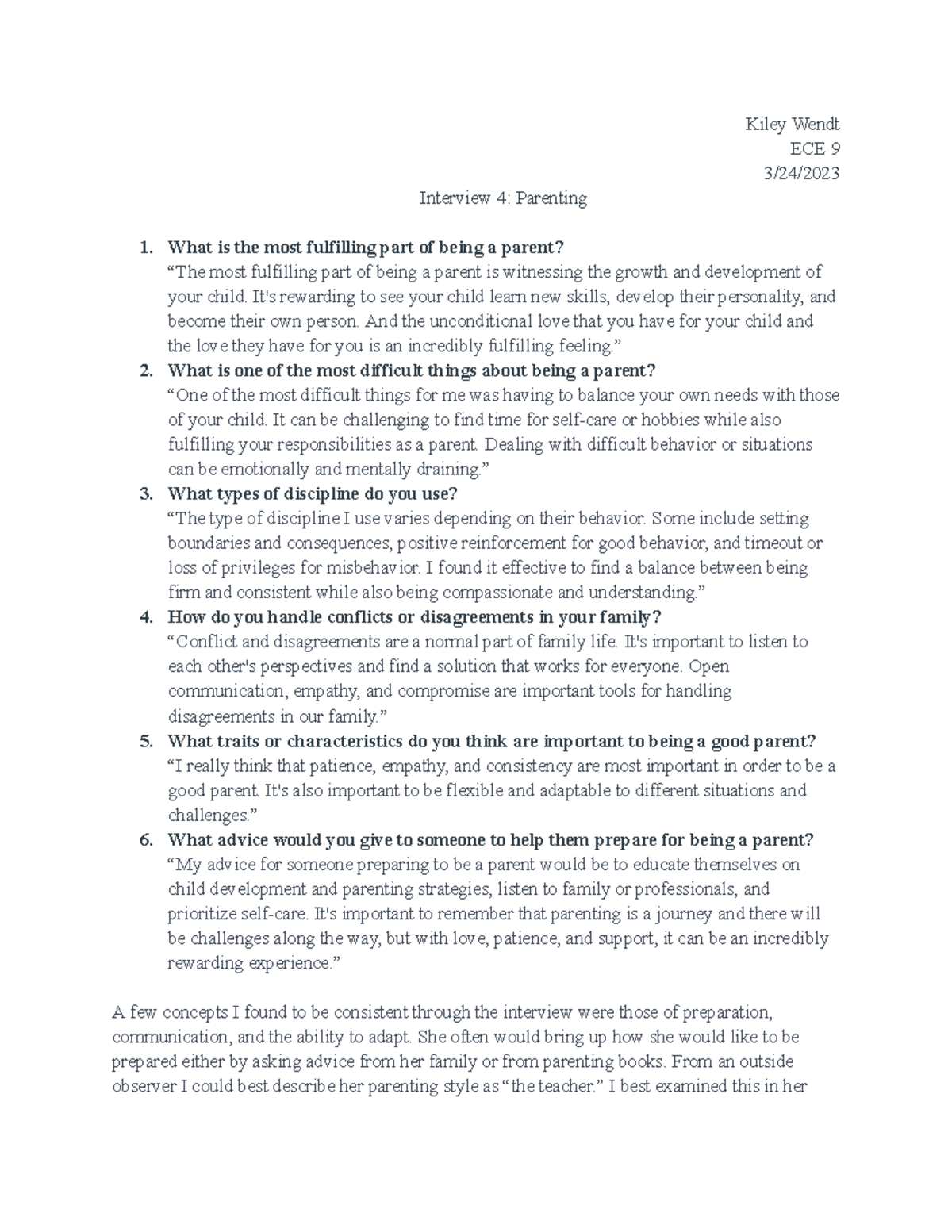 Interview 4 - Parenting - Kiley Wendt ECE 9 3/24/ Interview 4 ...