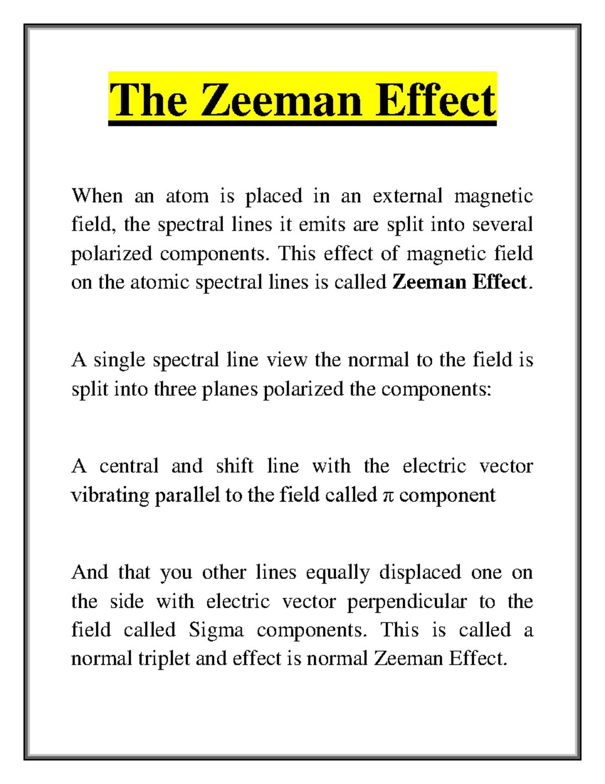 Chapter 1 The Zeeman Effect and it's Splitting - The Zeeman Effect When ...