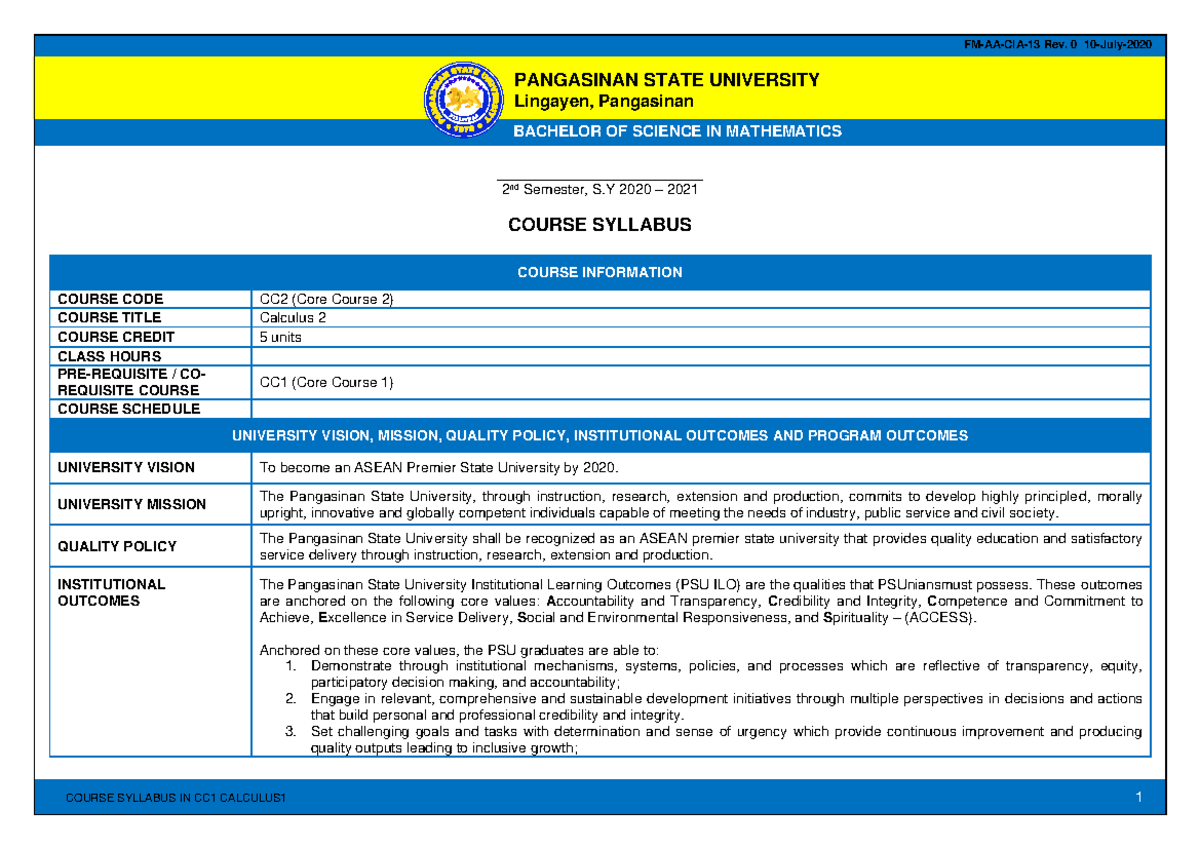 Calculus 2 Course Guide - Calculus 2 - PangSU - Studocu