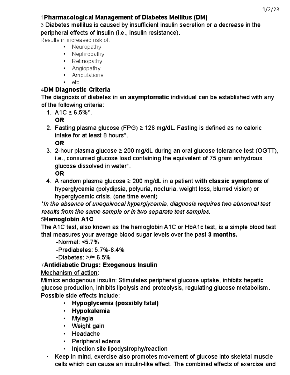 Diabetes Mellitus Management - 1/2/ 1 Pharmacological Management of ...