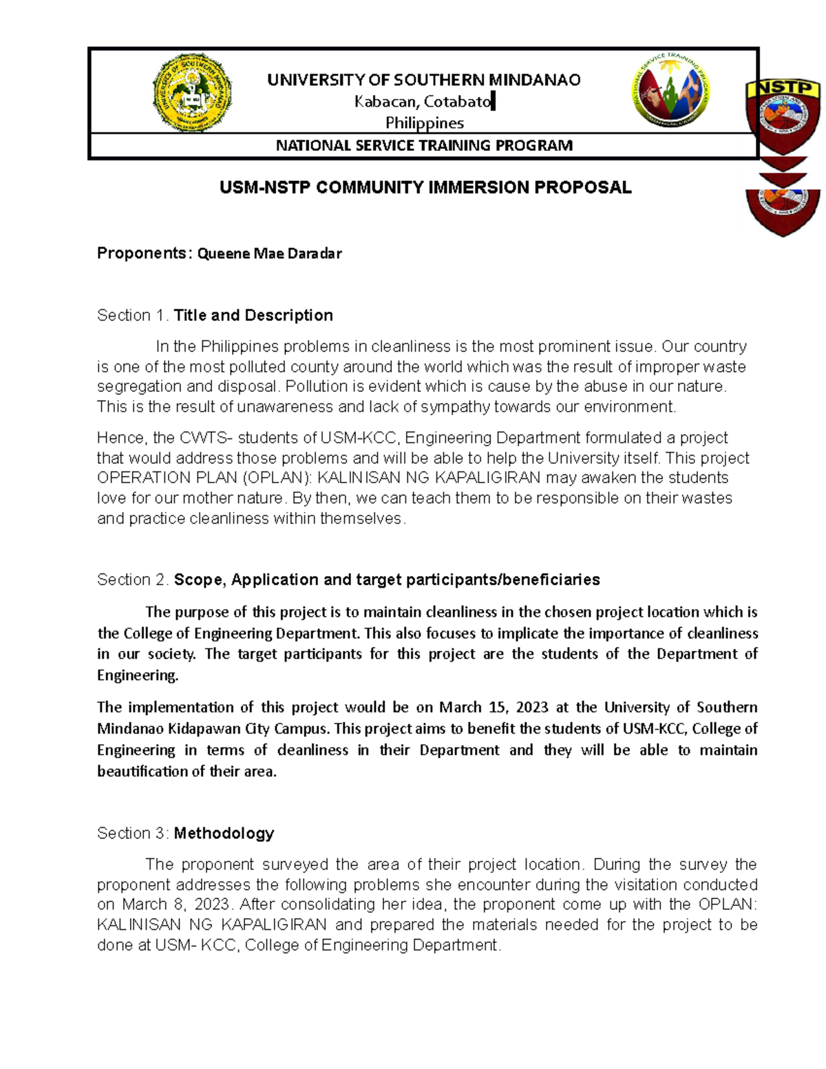 Oplan Kalinisan NG Kapaligiran - UNIVERSITY OF SOUTHERN MINDANAO ...