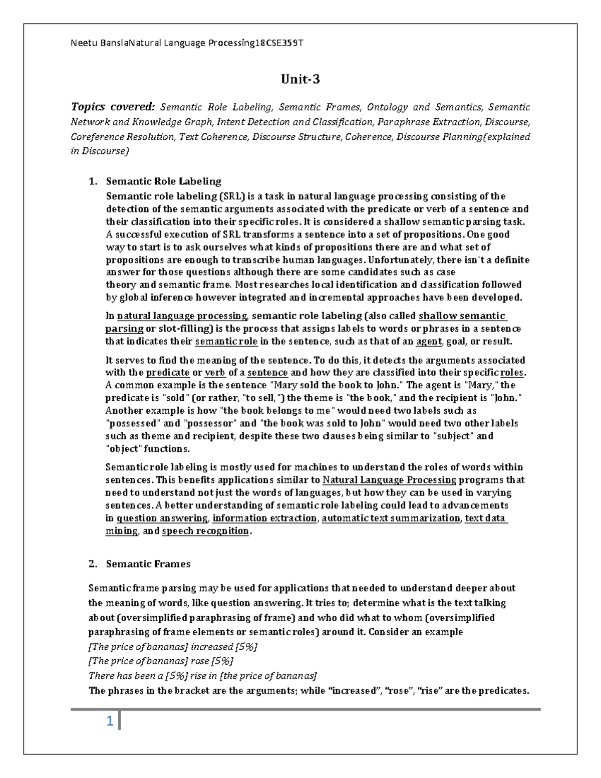 UNIT 3 - unit 3 - Unit- Topics covered: Semantic Role Labeling ...