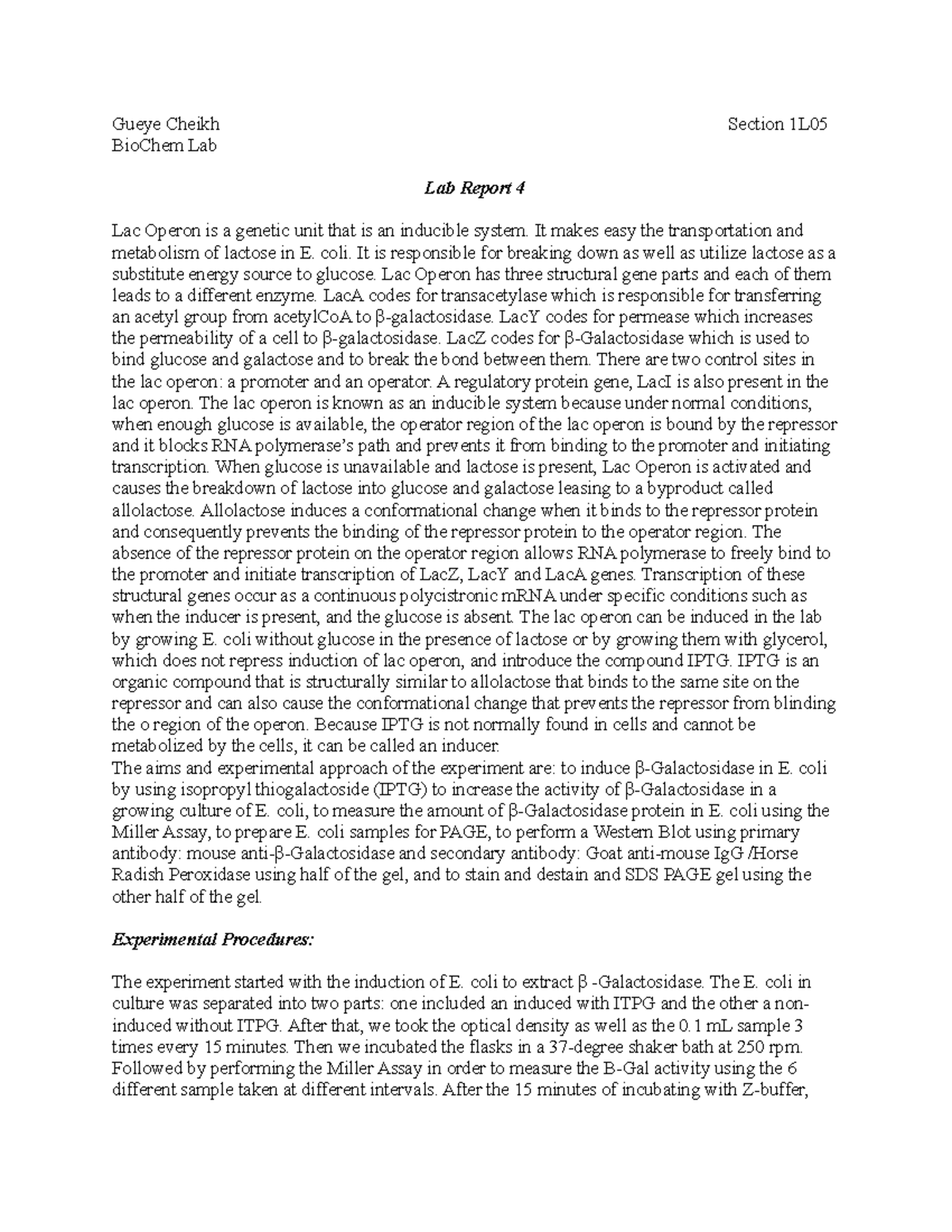 Lab report 4 for cell biology 303 - hunter - Gueye Cheikh Section 1L ...