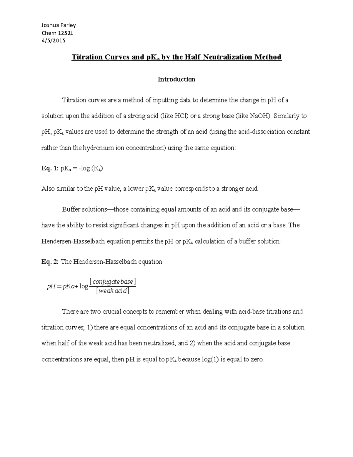 Titration Curves and pKa by Half-Neutralization - Chem 1252L4/5 ...