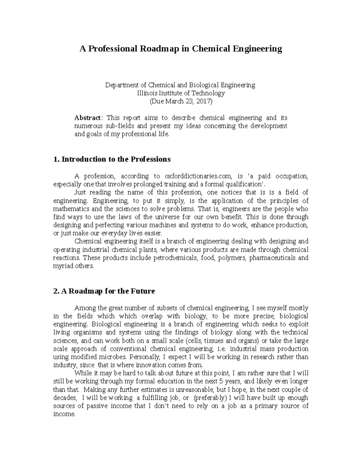 CHE 101 assignment 7 - A Professional Roadmap in Chemical Engineering ...