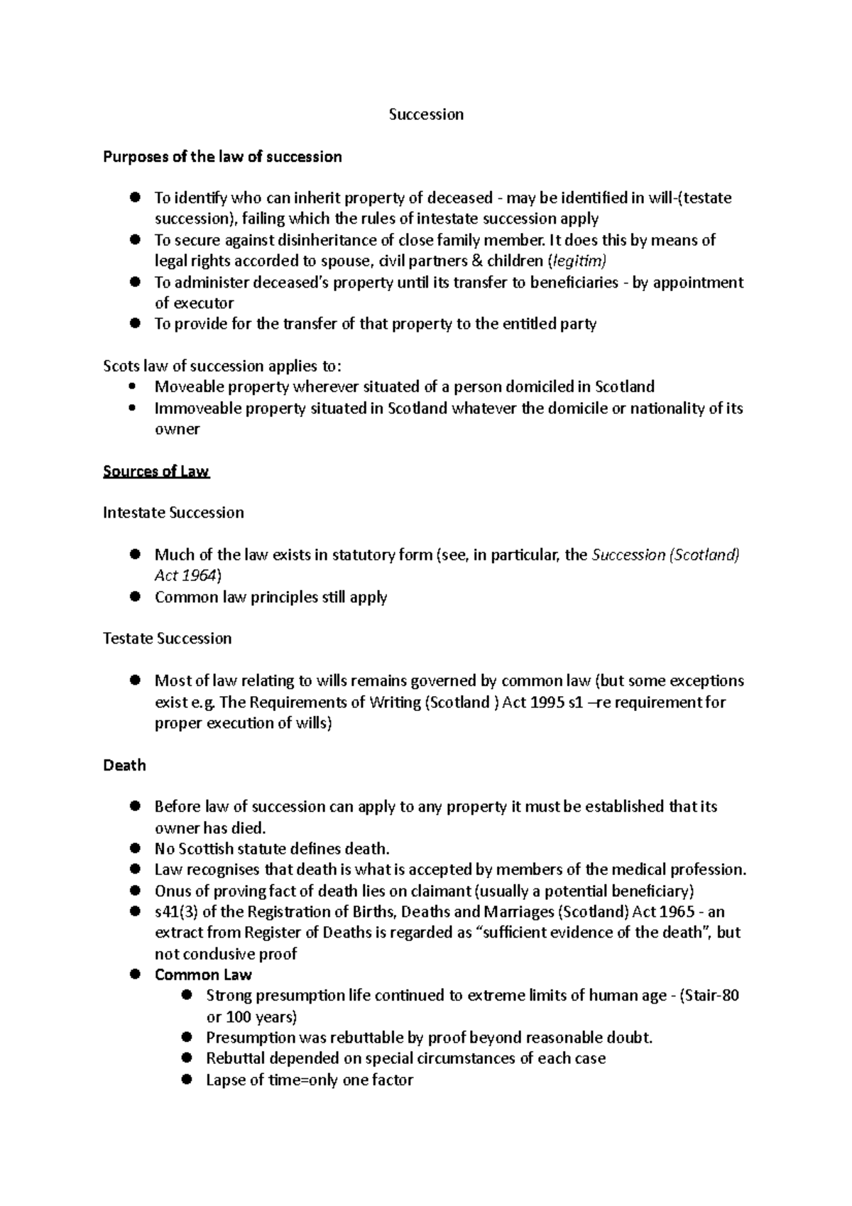 Succession bible - Succession Purposes of the law of succession To ...