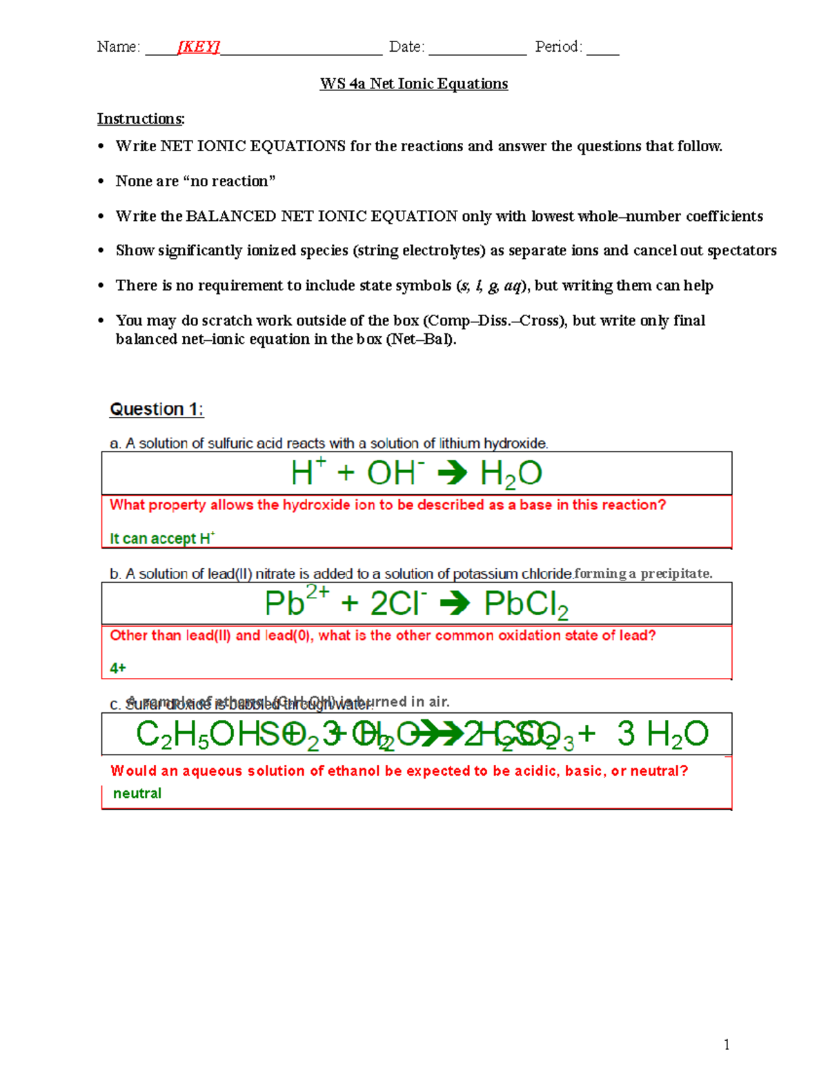 WS 4a Net Ionic Equation Writing KEY - Name: ____ [KEY ...