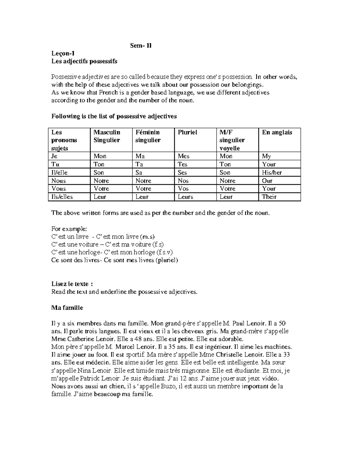 French sem 2 notes - Sem- II Leçon- 1 Les adjectifs possessifs ...
