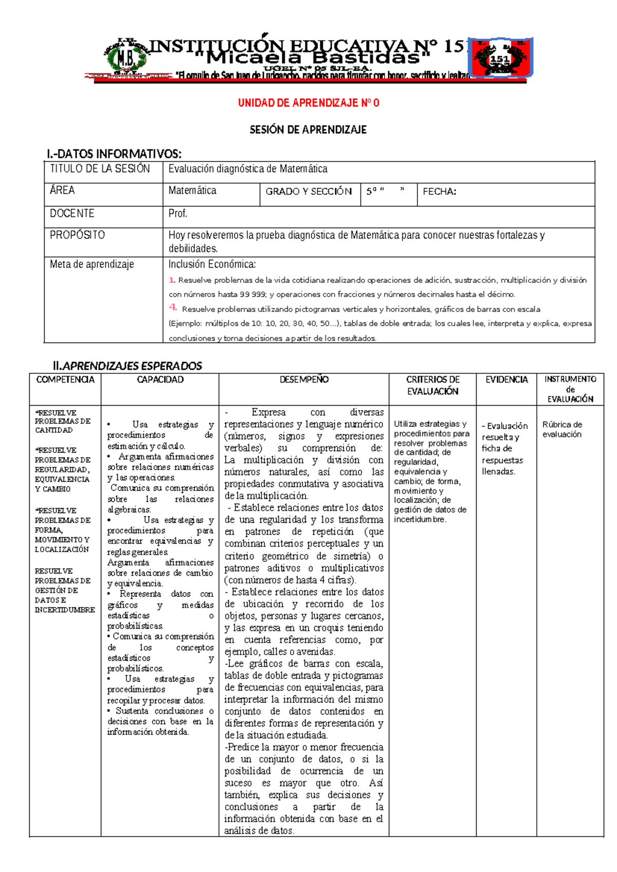 Sesión De Evaluación Diagnóstica De Matemática Unidad De Aprendizaje 5043