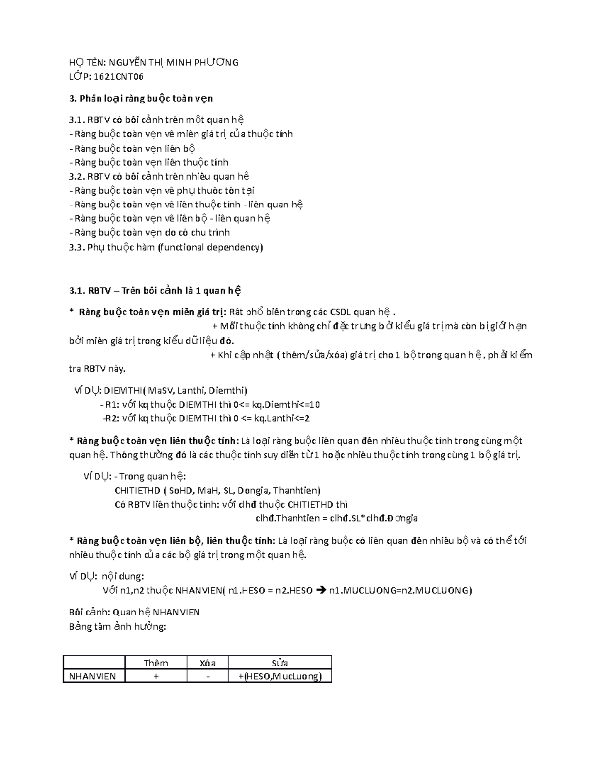 Ràng buộc toàn vẹn - Lý thuyết - H Ọ TÊN: NGUYÊỄN TH MINH PHỊ ƯƠNG L ỚP: 1621CNT Phân lo ại ràng ...