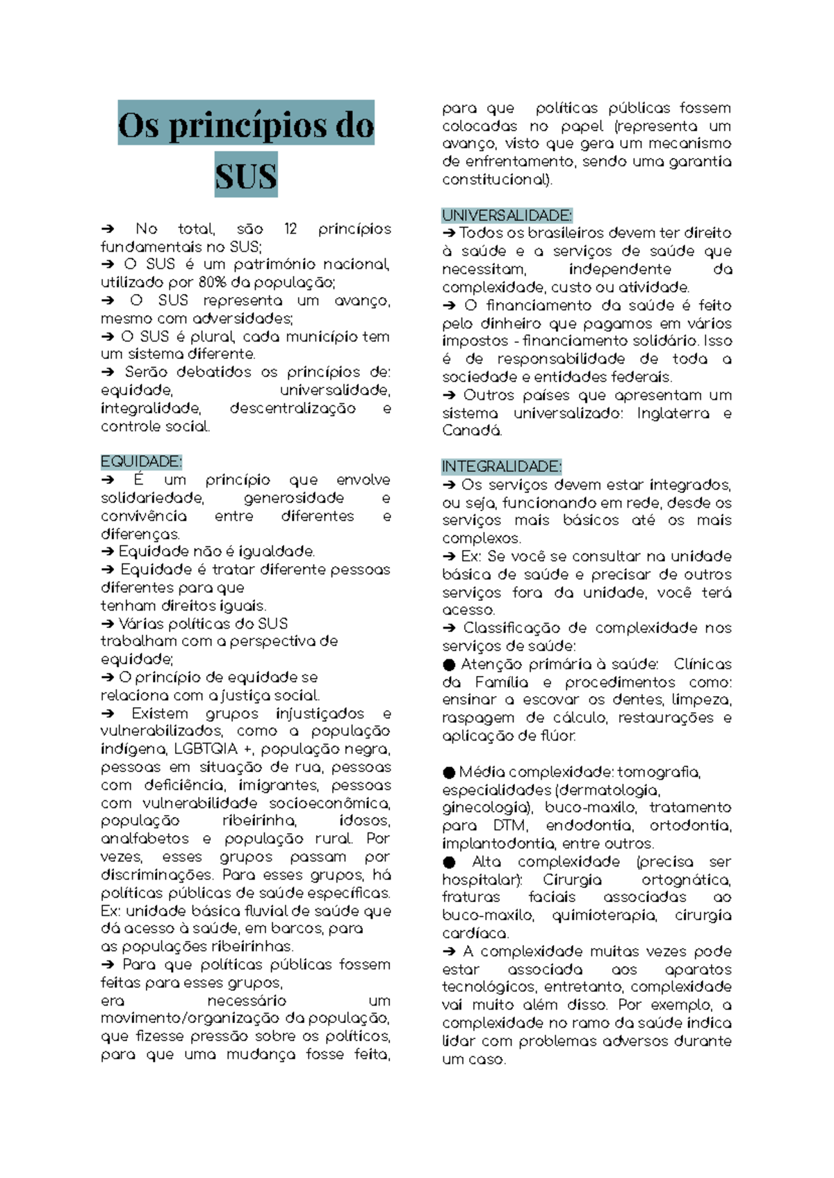 Resumo Saúde Bucal Coletiva - Os princípios do SUS No total, são 12 ...