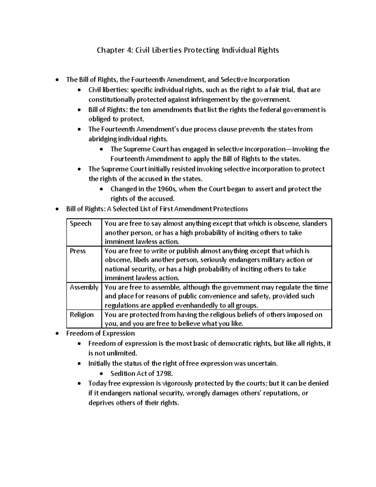 Chapter 4 US GOV - Chapter 4: Civil Liberties Protecting Individual Rights The Bill of Rights ...