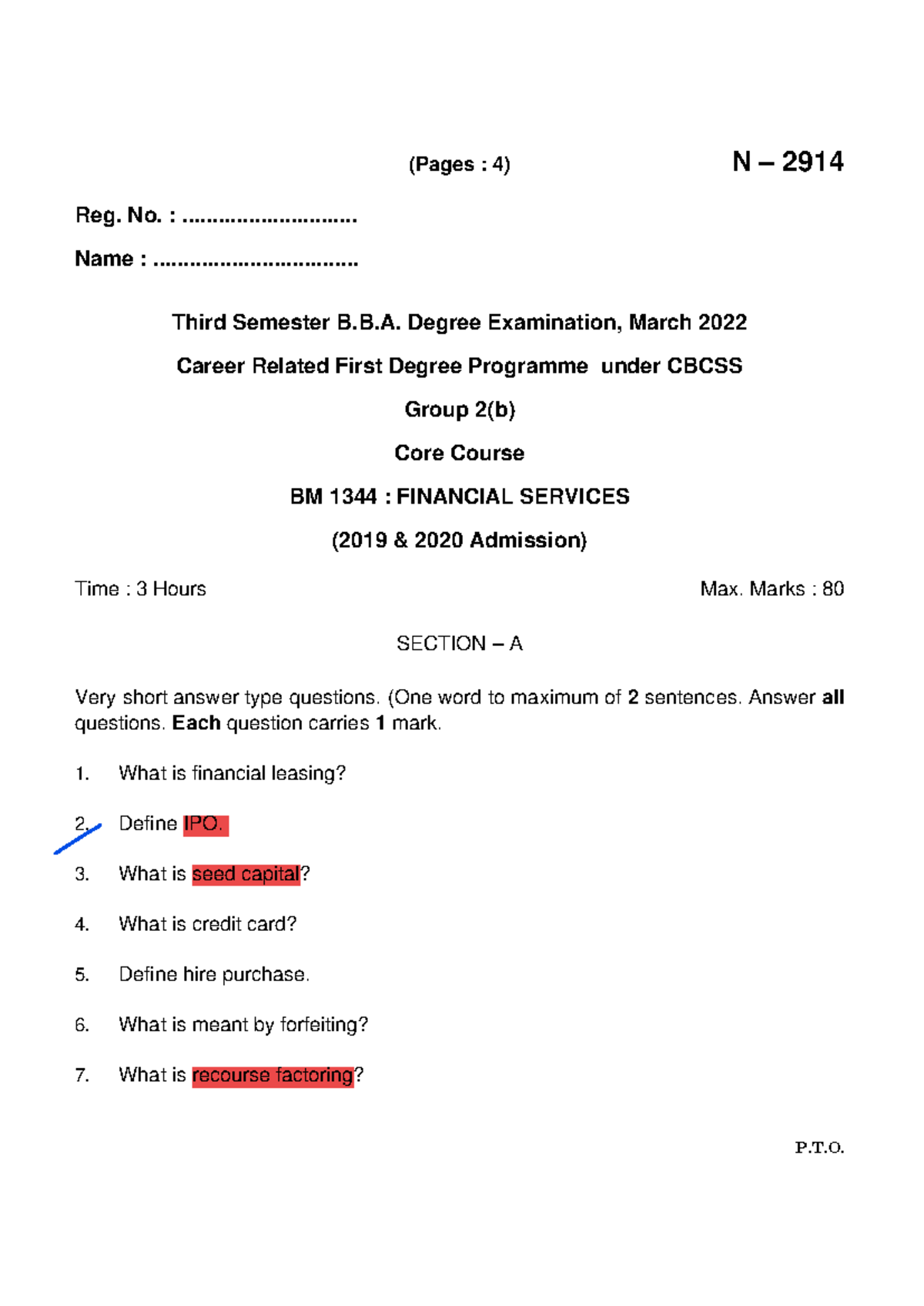 2019-20 fs question - (Pages : 4) N – 2914 P.T. Reg. No. : ............................. Name ...