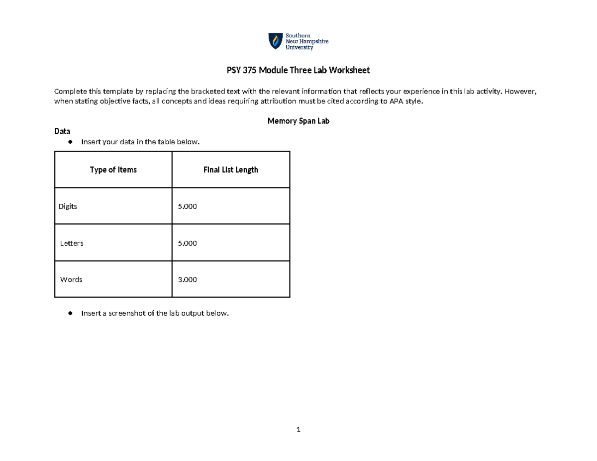 PSY 375 Module Three Lab Worksheet - PSY 375 Module Three Lab Worksheet ...